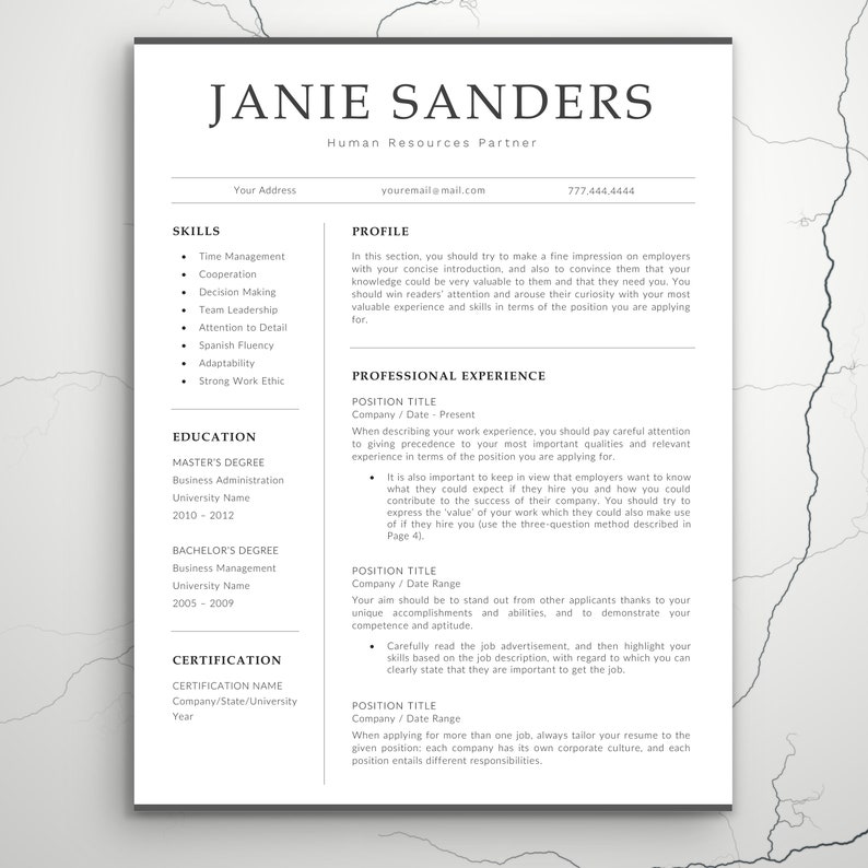 Professional Resume Template for Word Teacher Resume - Etsy
