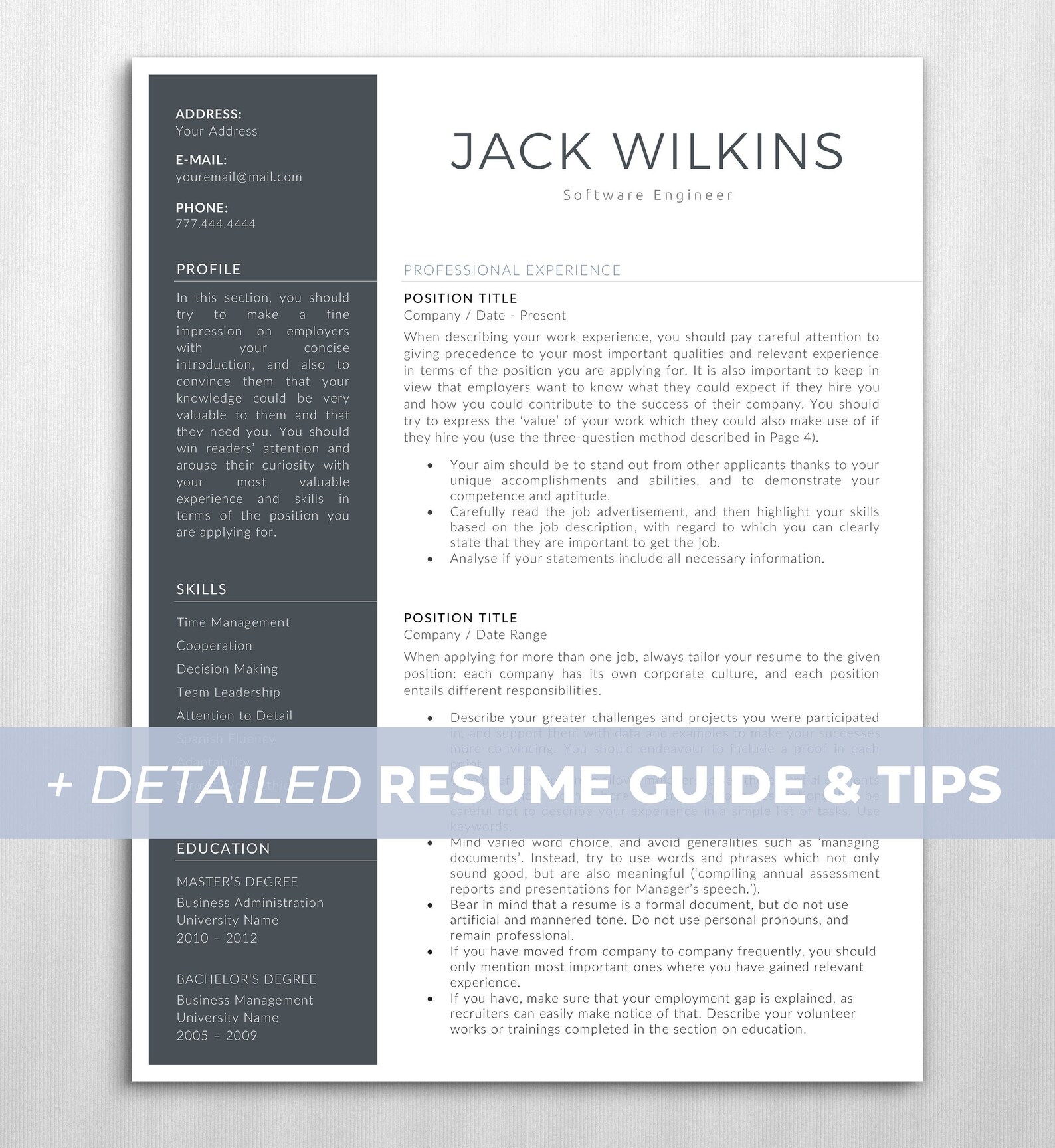 Modern Resume Template for Word, Executive CV Design (instant Download ...
