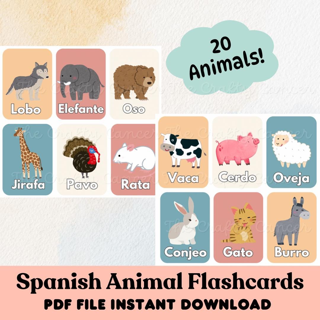 Printable Spanish Animal Flashcards, Instant Download, Digital Download ...