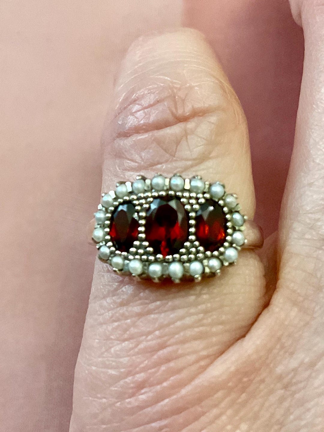 SEED PEARL GARNET Sterling Victorian Vintage Ring- Sublime Vintage Ring ...
