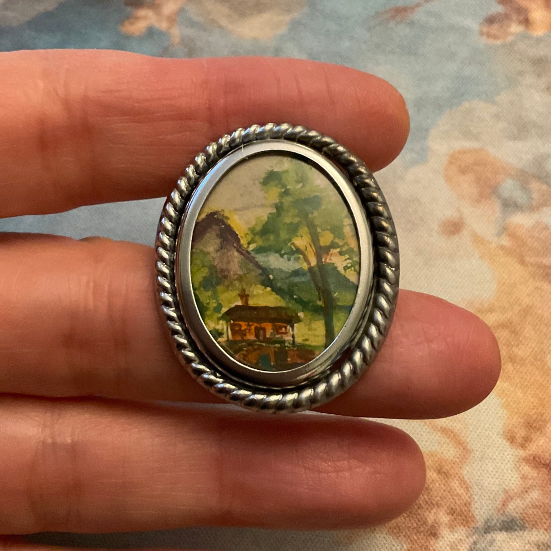 19th ANTIK MINIATURE PAINTING Brooch- Gold Plated Vintage Jewelry ...