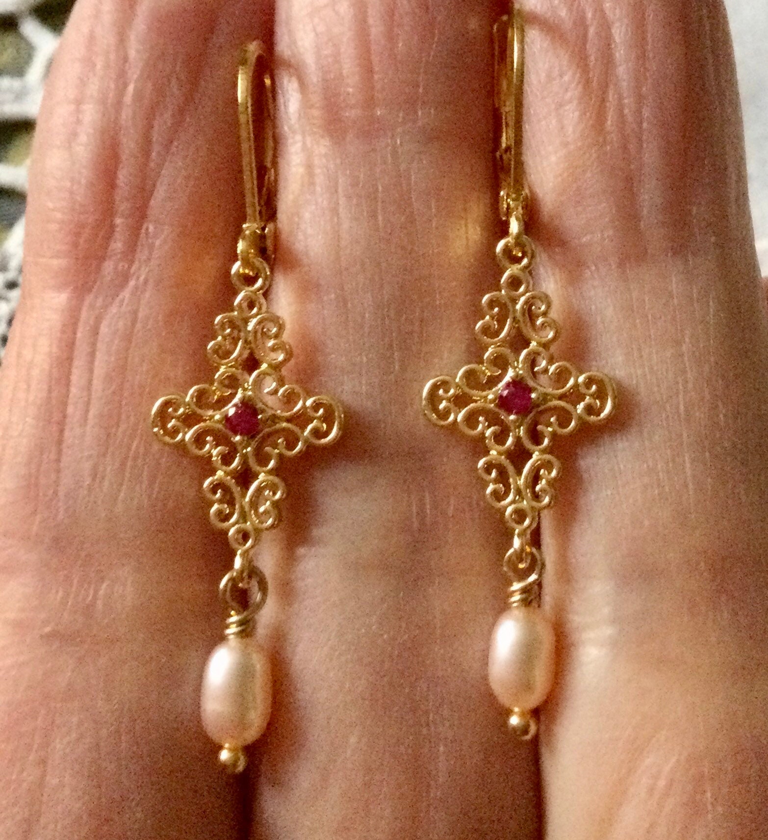 CARVED CROSS RUBY Genuine Baroque Pearl Gold Plated Vintage | Etsy
