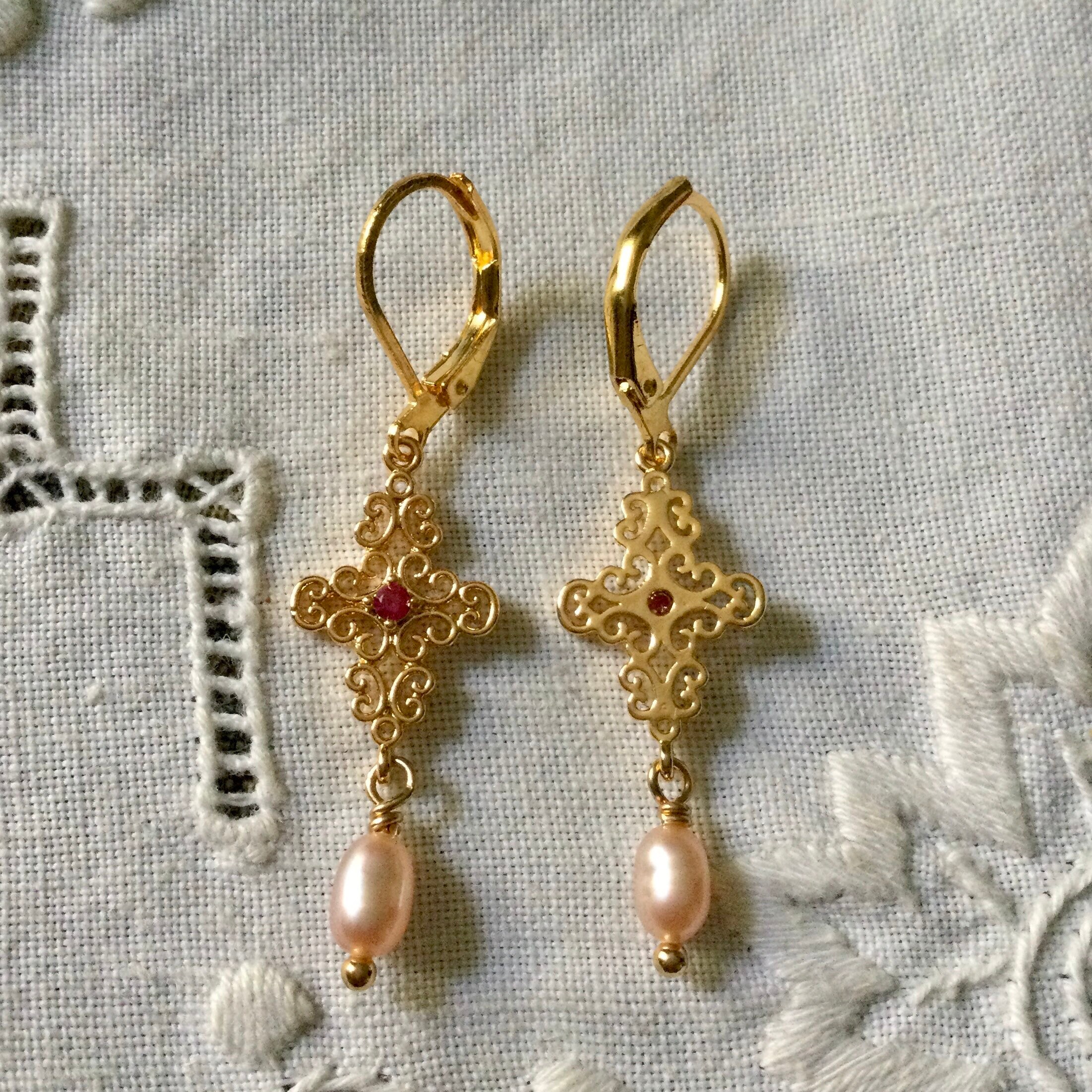 CARVED CROSS RUBY Genuine Baroque Pearl Gold Plated Vintage | Etsy