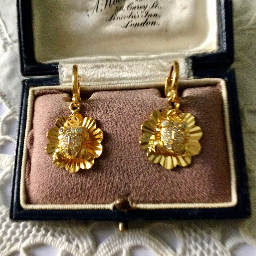 ART DECO TOPAZ Gold Plated Vintage Earrings Sparkly White Stone Animal ...