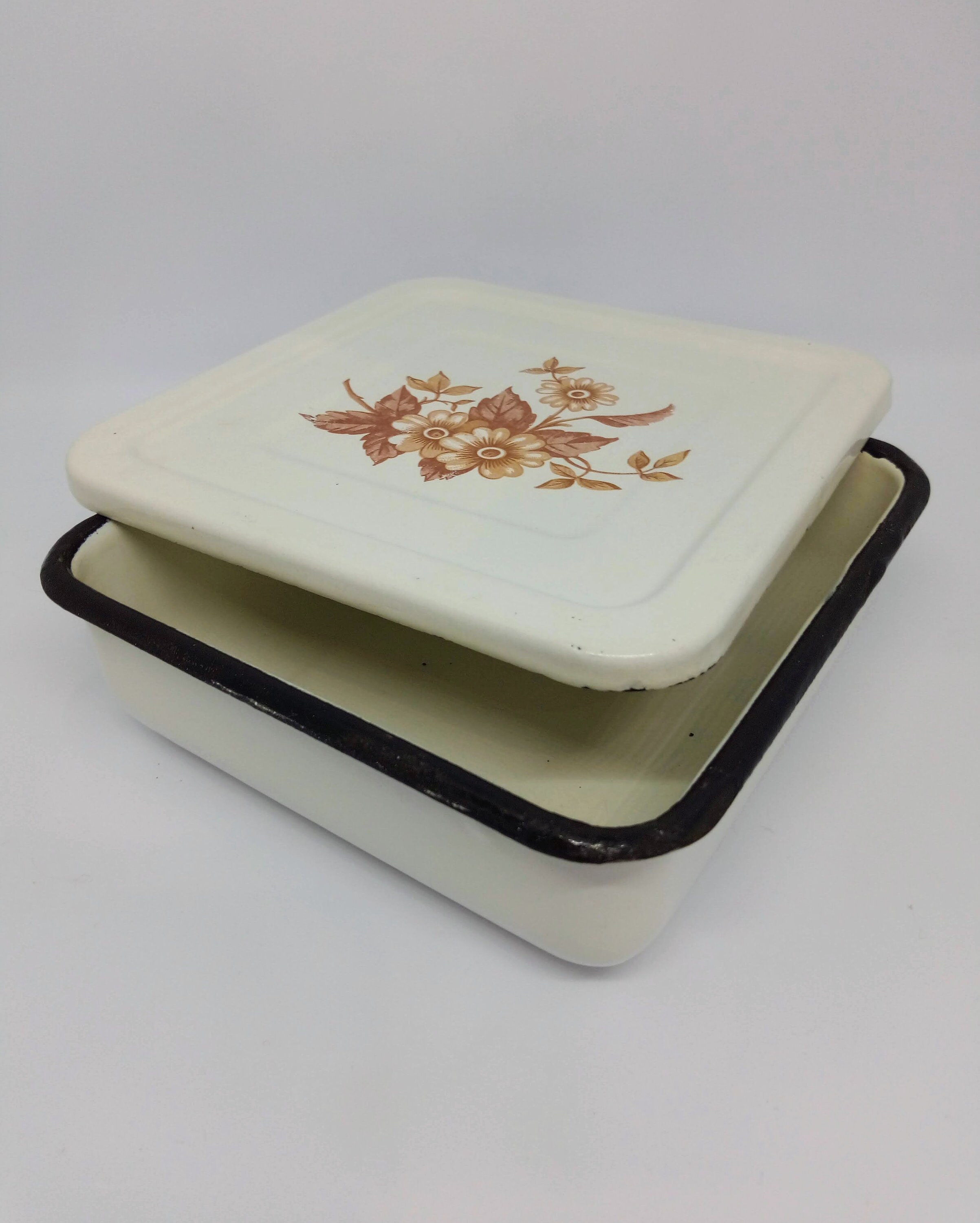 Soviet Small Food Enamel Box With Floral Print - Vintage White Enamel ...