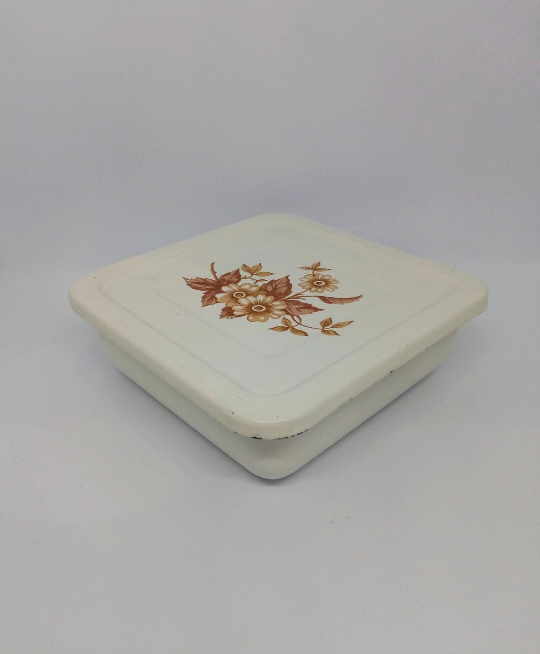 Soviet Small Food Enamel Box With Floral Print - Vintage White Enamel ...