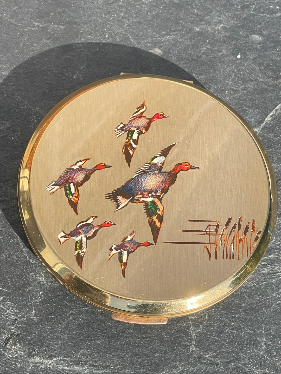 Stratton Signed Vintage Mirro Compact Patterned With Ducks to the Top ...