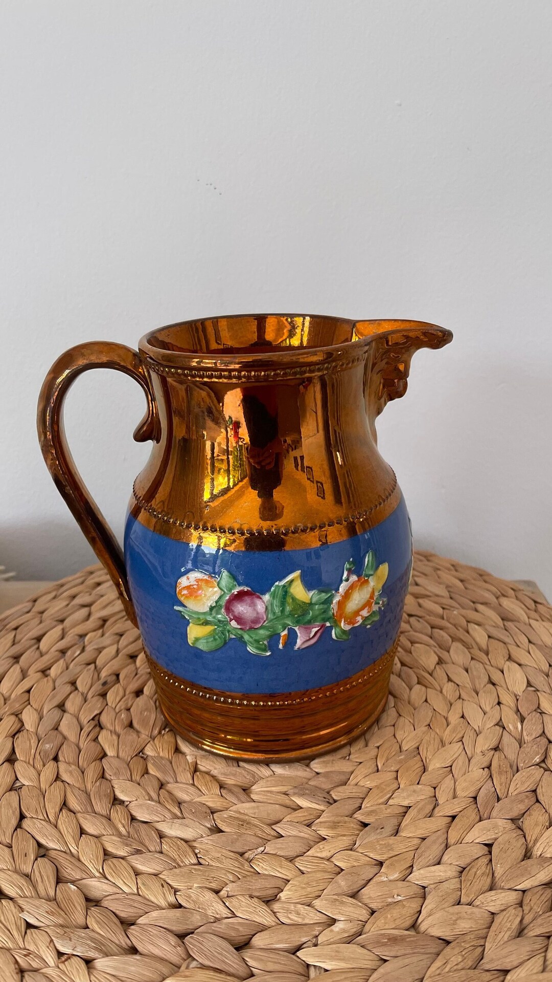 Vintage Copper Lusterware Jug With Painted Flowers - Etsy