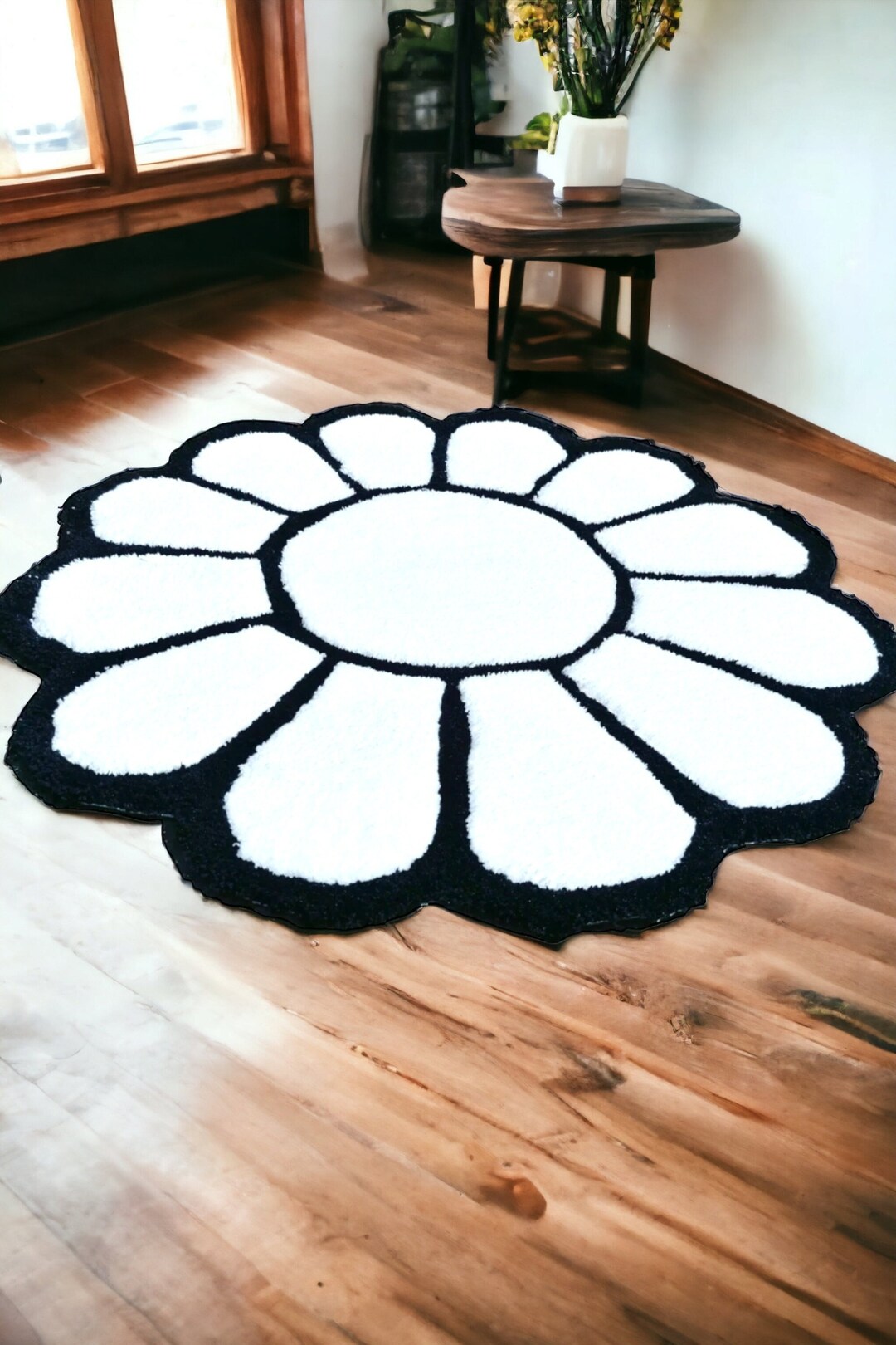 White and Black Rug, Handmade Tufted Floral Rug, Round Bedroom Rug ...