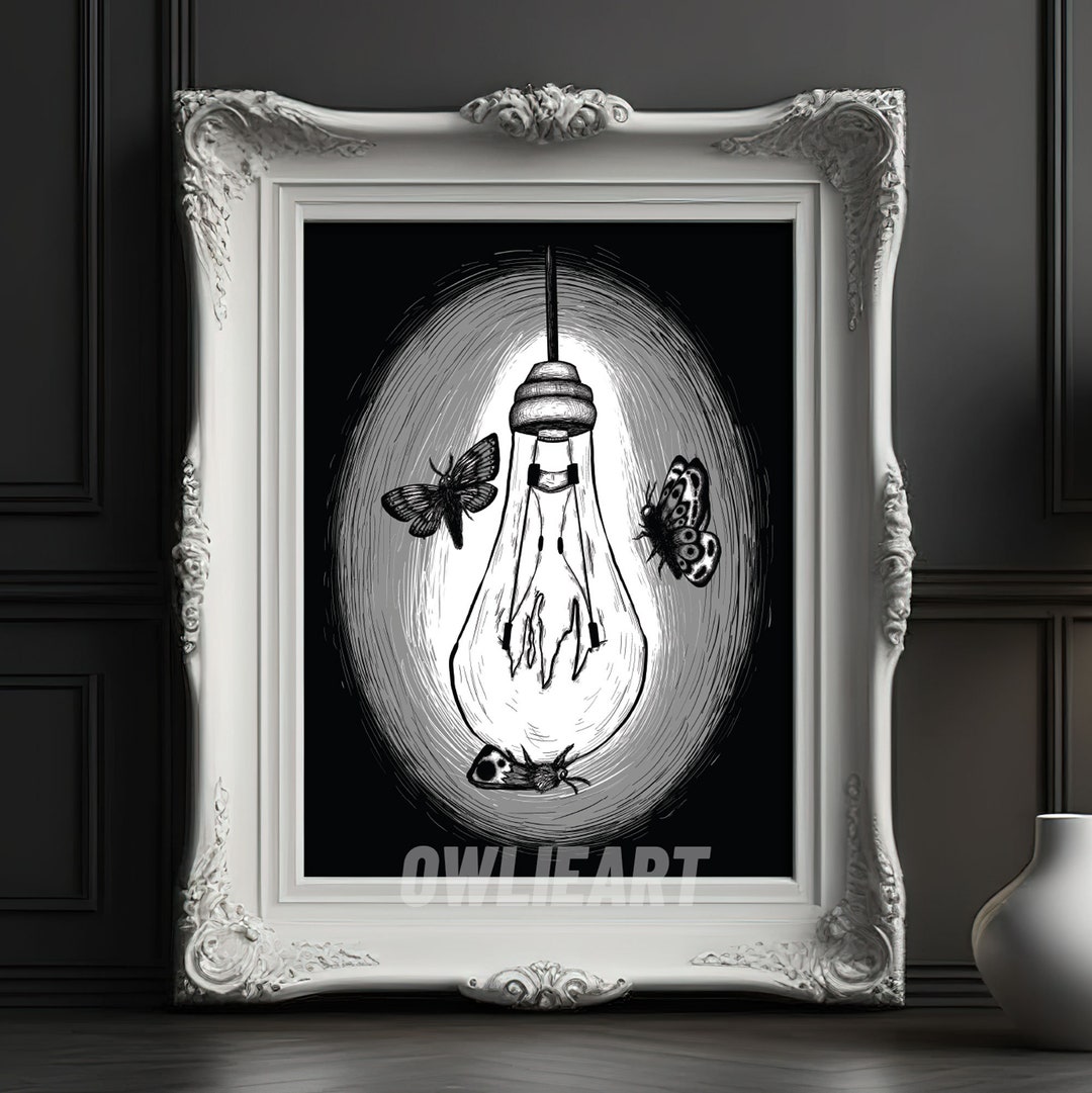 Moths and Lightbulb Art Print: Inktober Celestial Pen Ink Drawing - Etsy