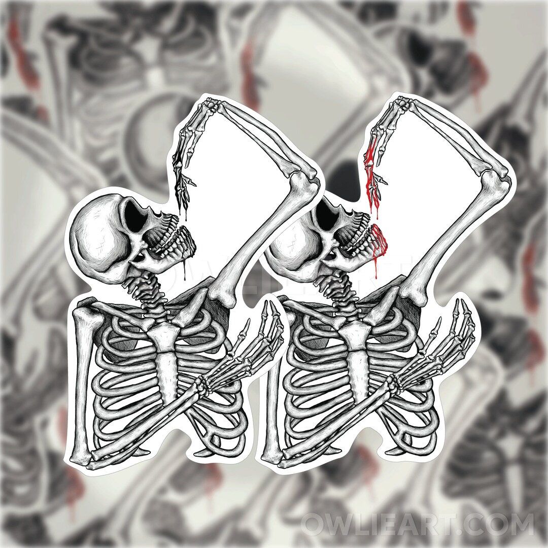 Skeleton Drinking Blood Sticker Pen and Ink Sticker Inktober Horror ...