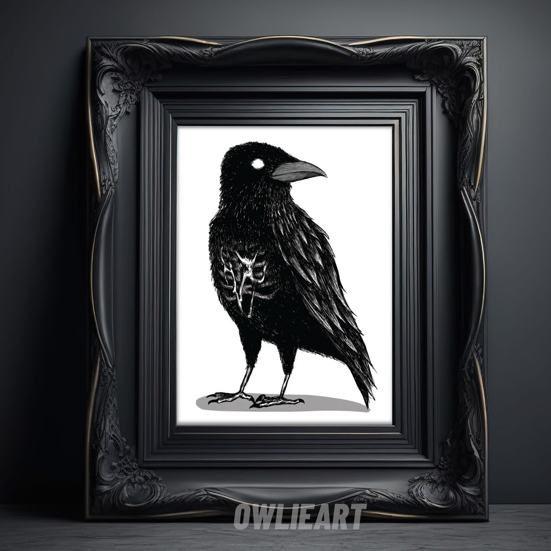 Gothic Raven Art Print Zombie Crow Drawing Ink Print, Grayscale Horror ...