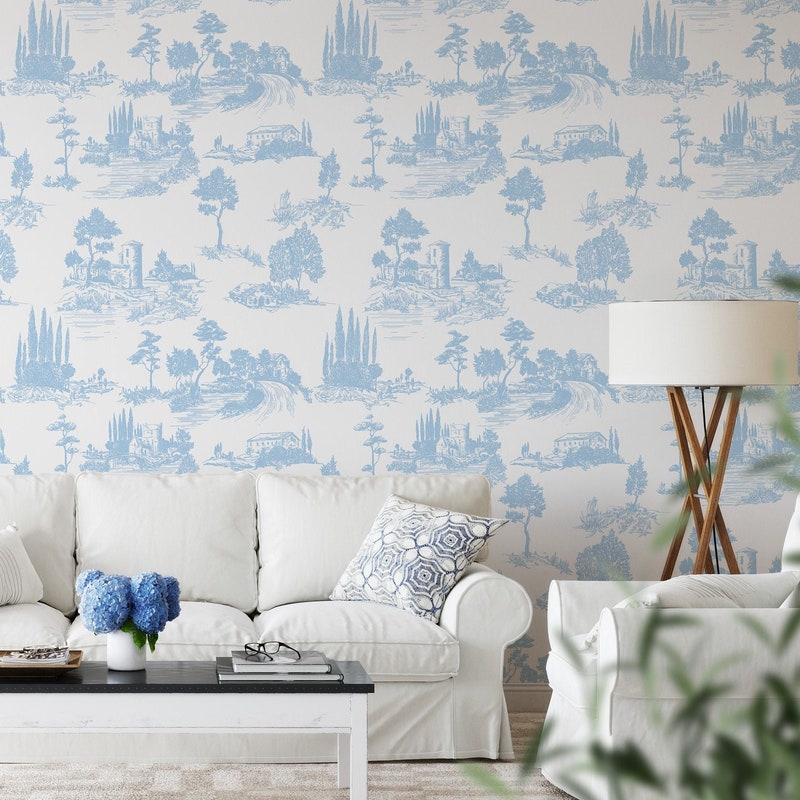 Blue Toile Wallpaper - Etsy