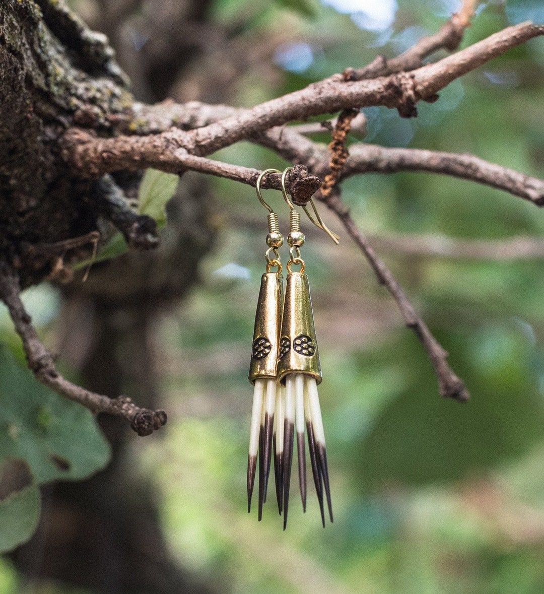 Native Ojibwe Made Porcupine Quill Copper Gold Cone Earrings - Etsy