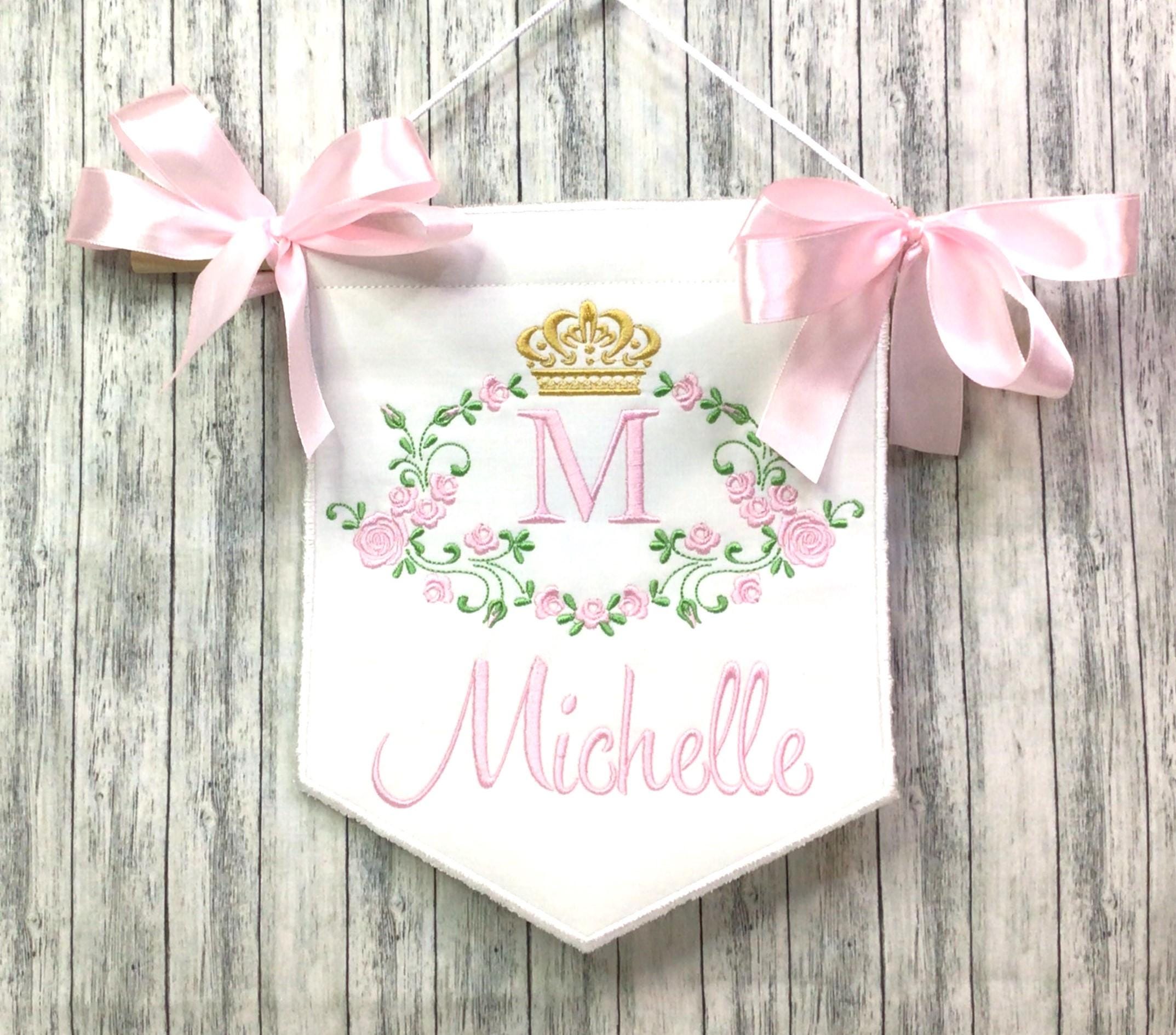 Custom Monogrammed Personalized Banner, Crown With Pink Flowers, Baby ...