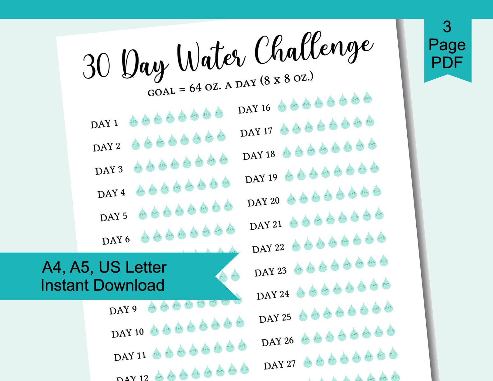 Daily Water Tracker Weekly Water Tracker 30 Day Challenge | Etsy