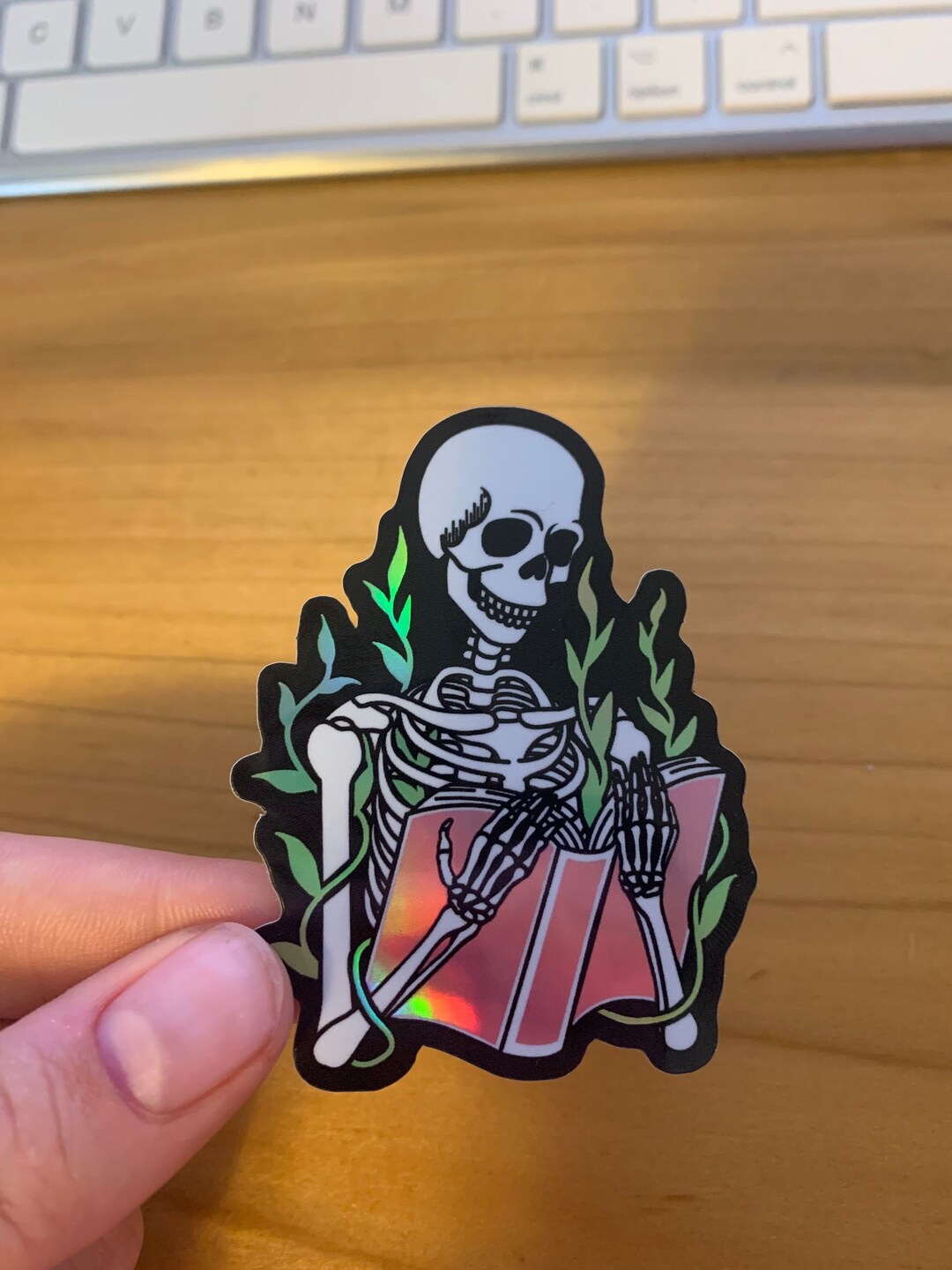 Holographic Skeleton Reading a Book Waterproof Sticker, Book Lover Gift ...