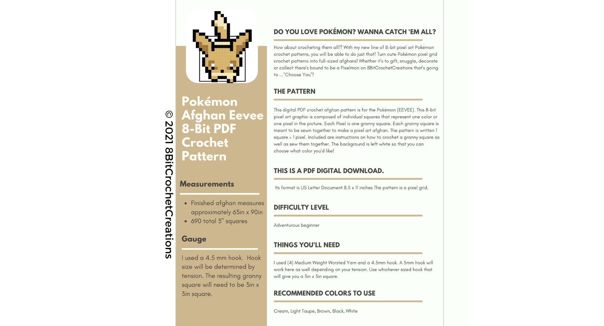 Craft Supplies & Tools Pokemon Afghan Eevee 8-Bit PDF Crochet Pattern ...