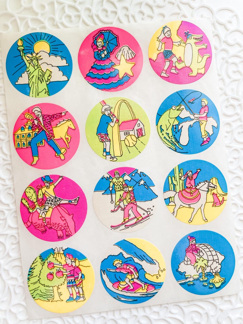 Vintage Bright Retro Fun Activities Sticker Sheet - Vintage Stickers ...