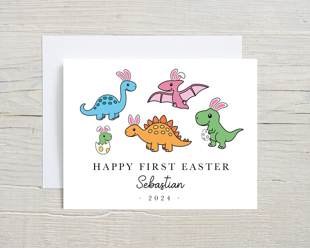 Happy First Easter Card for Boy, Cute Dinosaur Bunny Set, Easter Card ...
