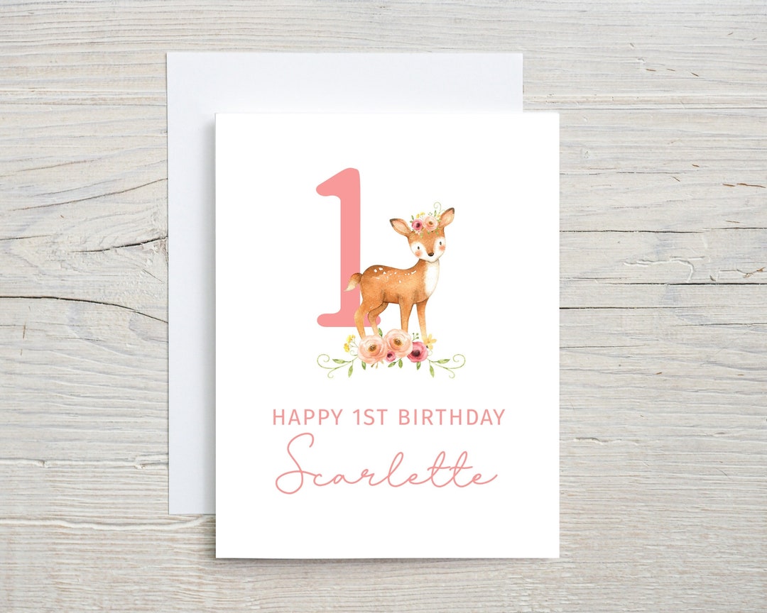 First Birthday Card, Floral Deer Girl Birthday Card, Baby Girl First ...