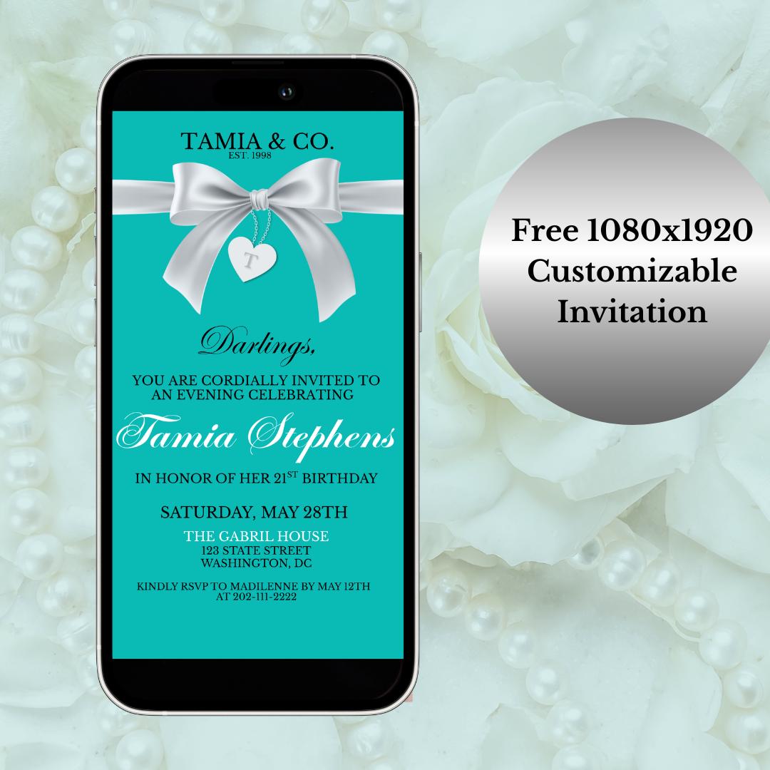 Tiffany Blue Birthday Invitation Template | Elegant Bow, Editable Canva ...