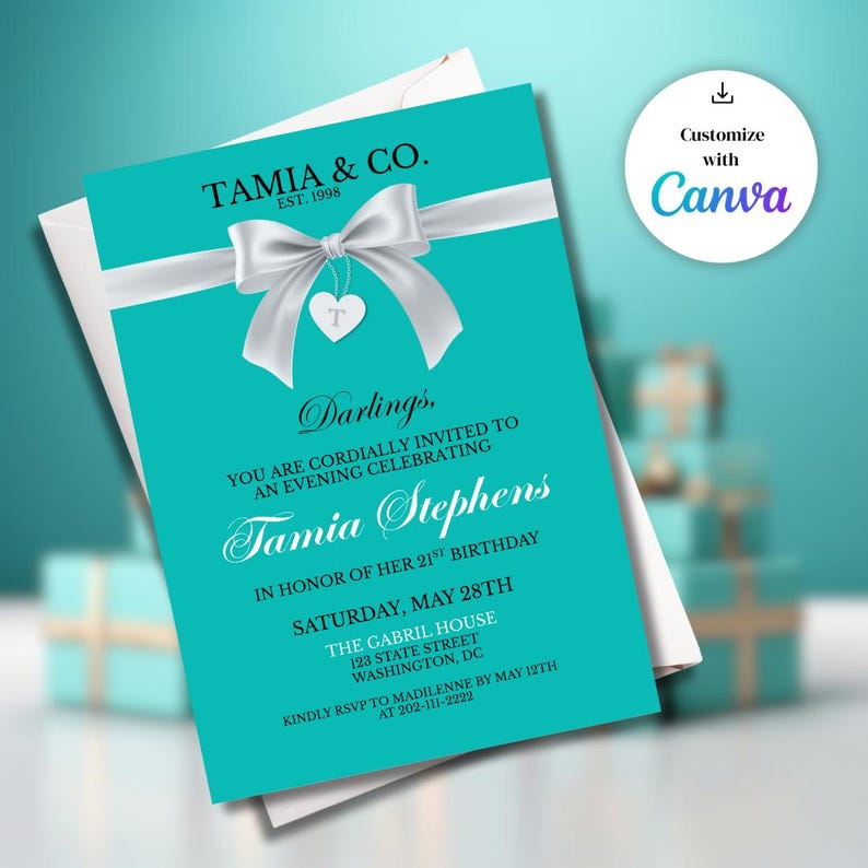 Tiffany Blue Birthday Invitation Template | Elegant Bow, Editable Canva ...