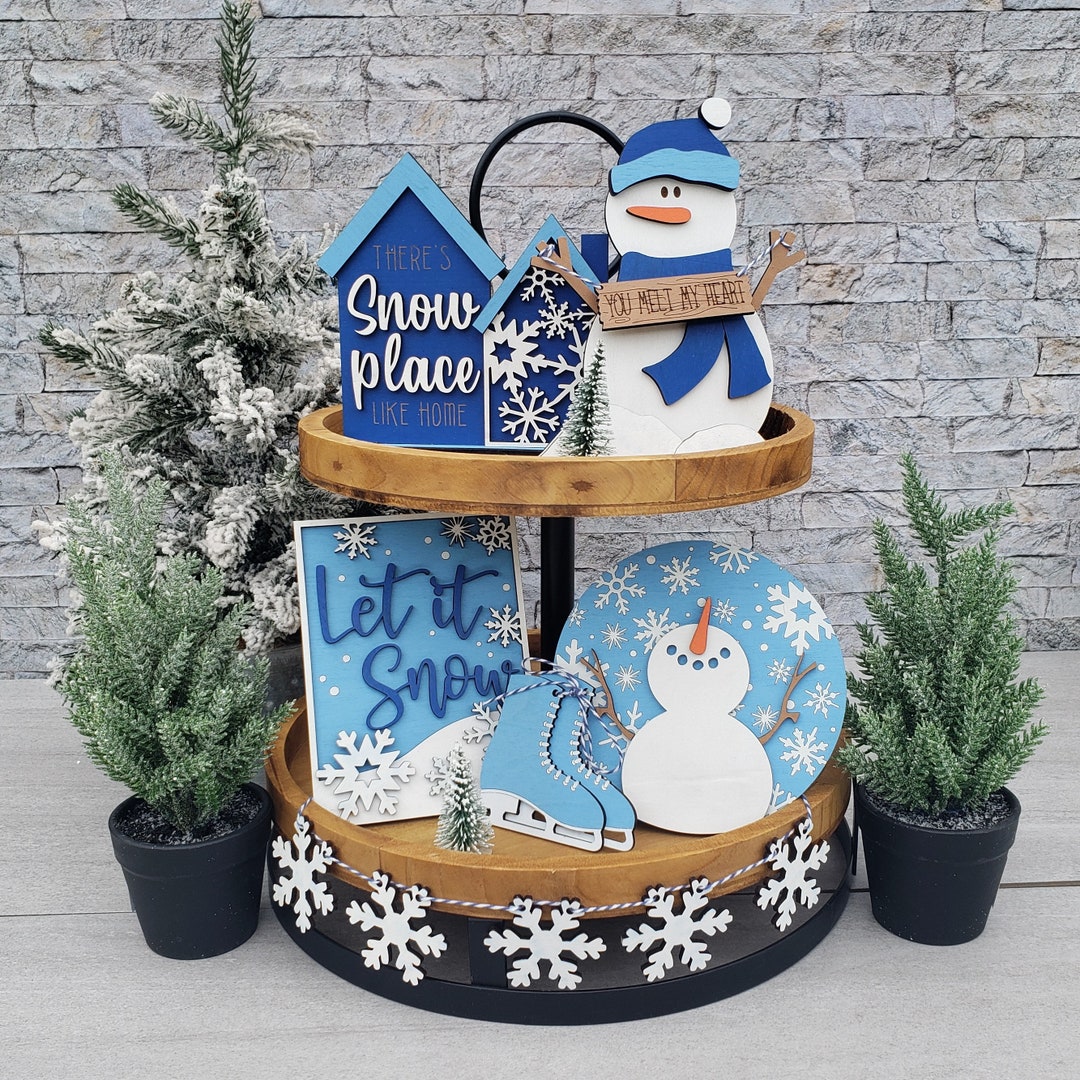 Snowman Tiered Tray Set, Snowy Christmas Home Decor, Wooden Winter ...