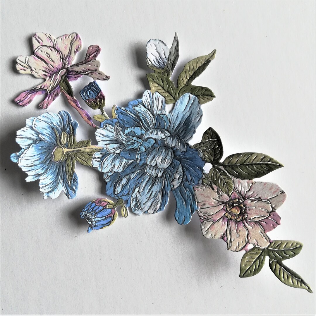 5 Blue and Cream Flower Sprig Die Cuts, Die Cut of Blue and Cream ...