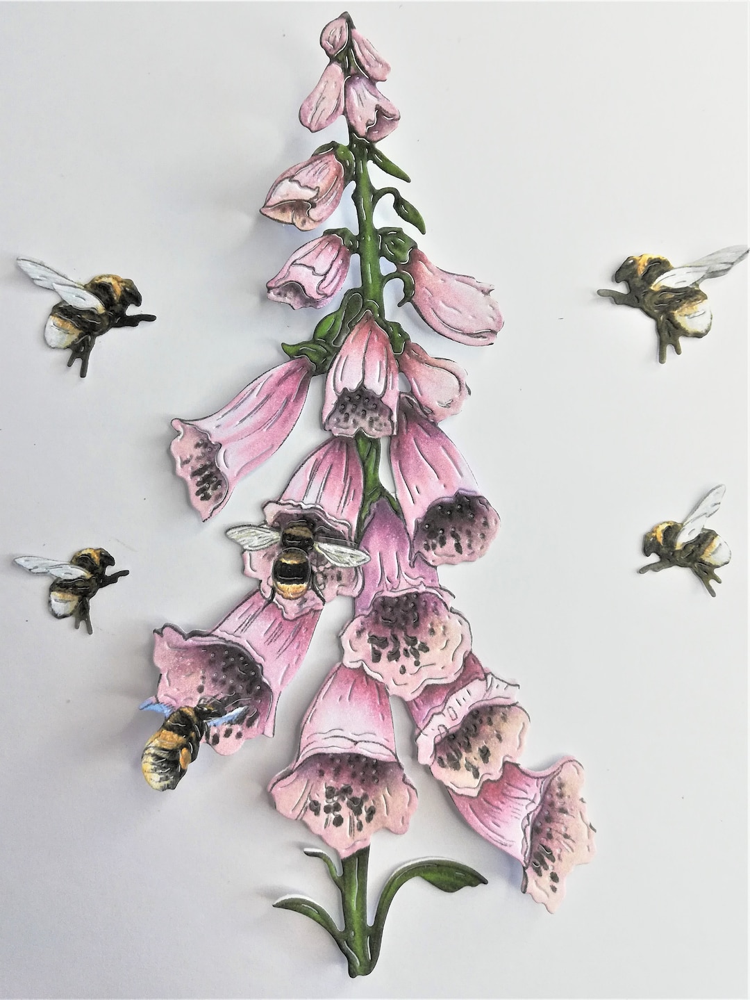 3 Large Foxglove Flowers With Bees Die Cuts, 12 Small Bees, Tall Pink ...