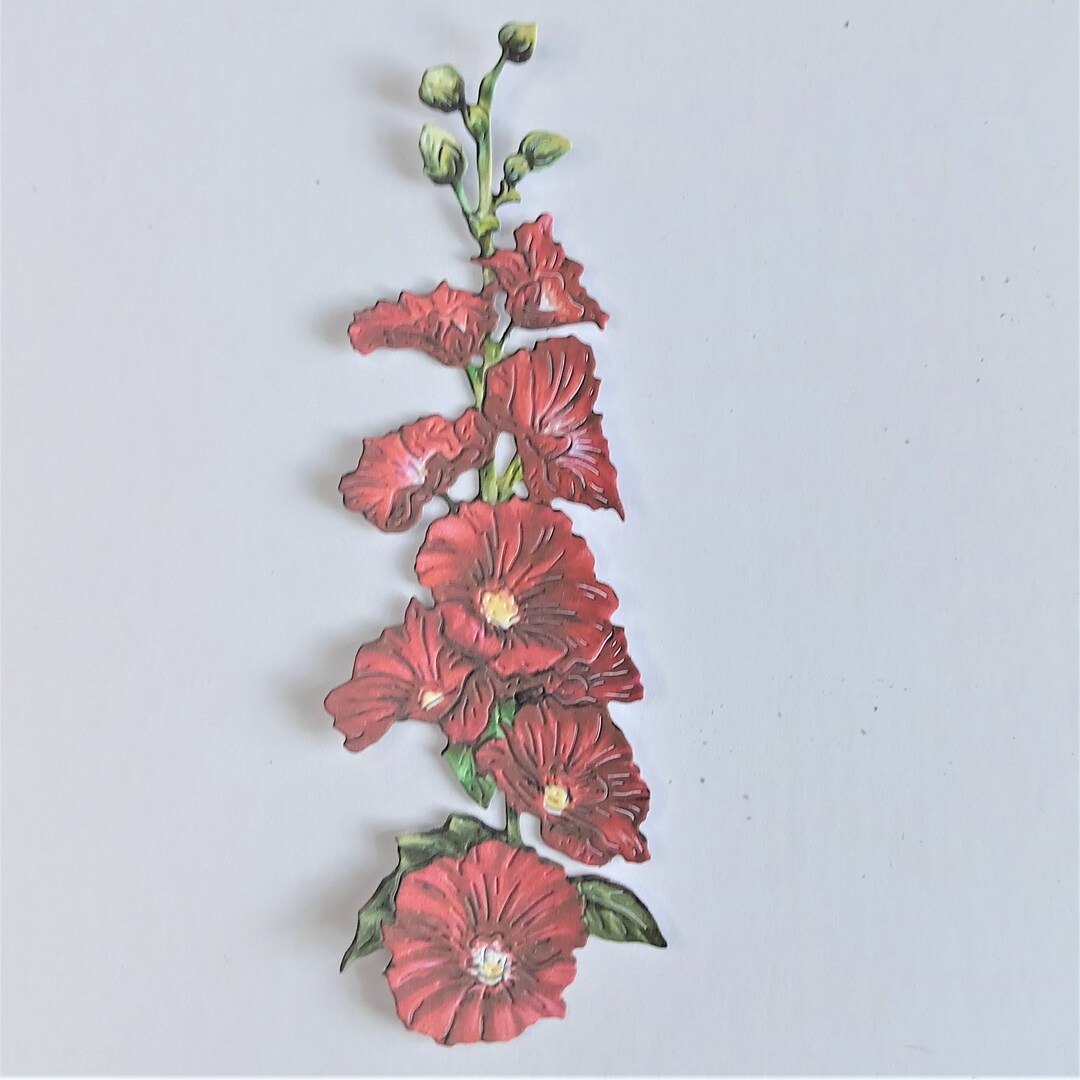5 X Red Hollyhock Flower Die Cuts, Tall Paper Flower Stem Cut Outs for ...