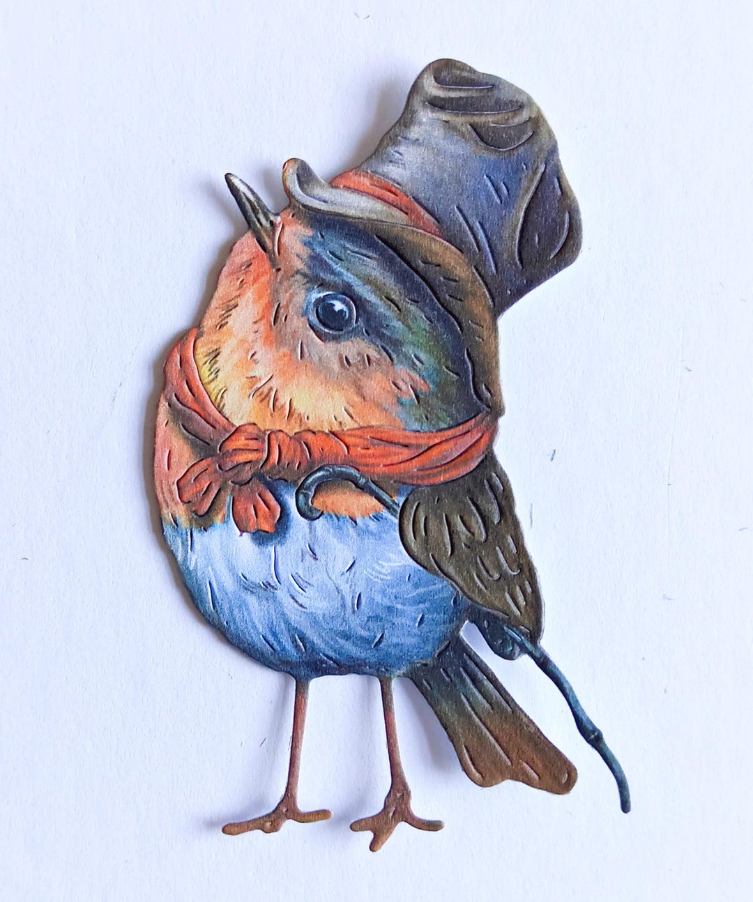 6 Dickensian Robin Die Cuts, Christmas Robin Redbreast in Hat Card ...