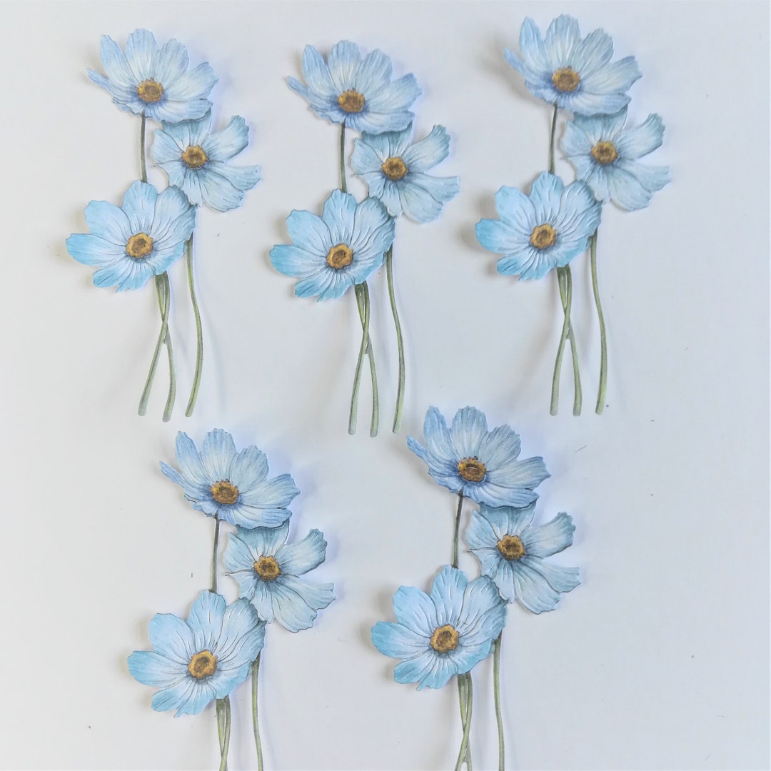 5 Delicate Blue Long Stem Die Cut Flowers, 5 Pieces of 3 Blue Flower ...