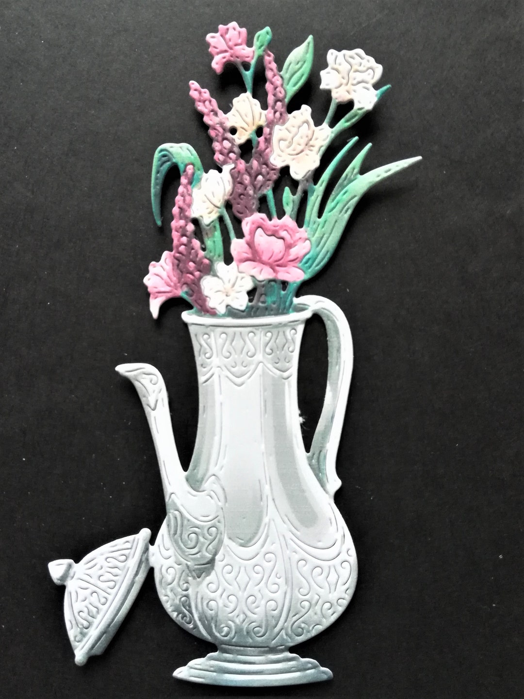 Floral Teapot Die Cuts, Set of 4 Die Cuts, Flower Bouquet in Teapot ...