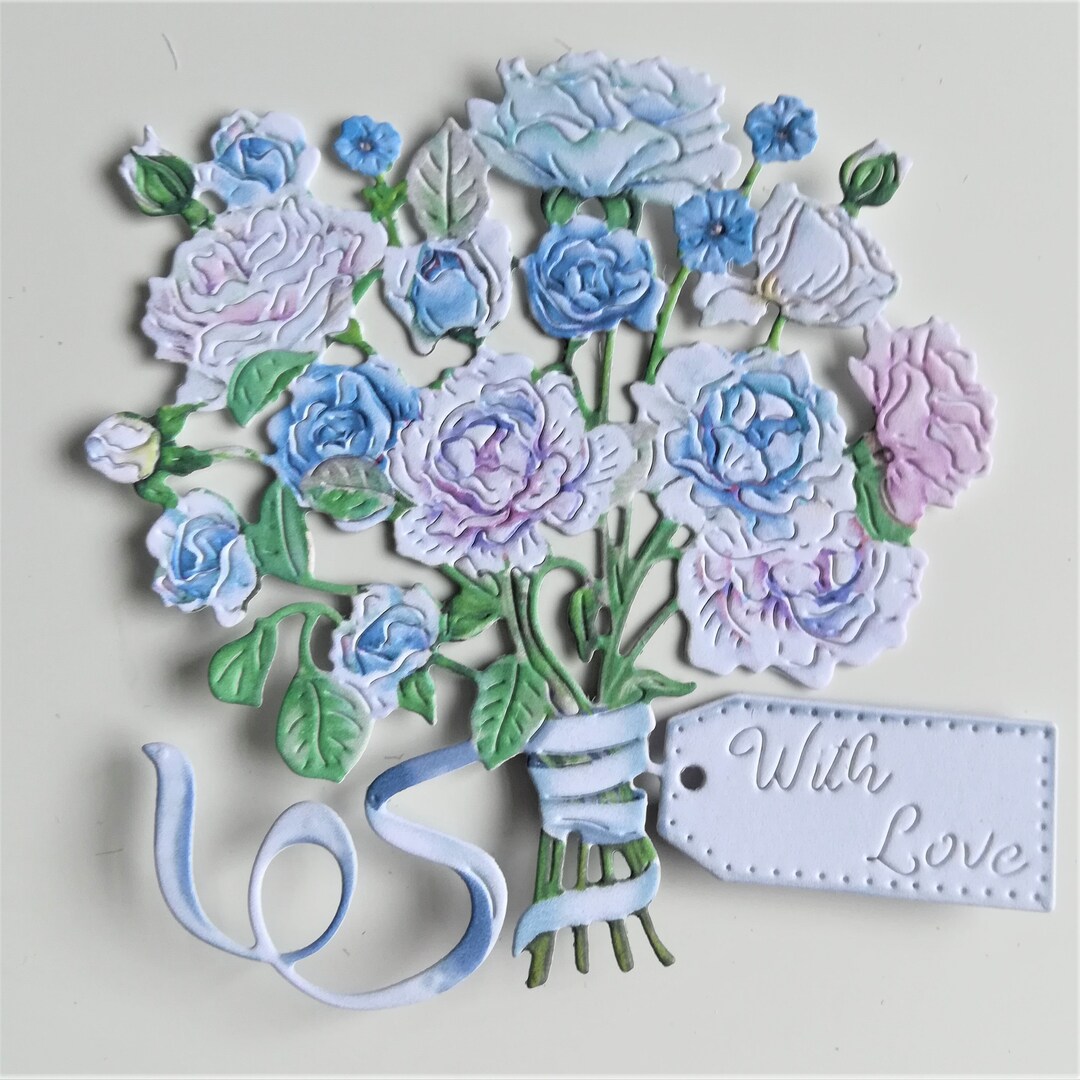 4 X Blue Flower Bouquet With Tag and Ribbon Die Cuts, Flower Die Cuts ...