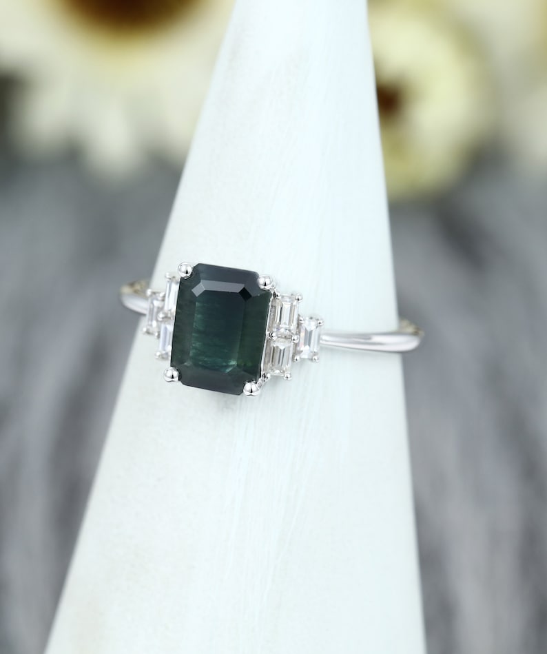 Emerald cut Green Blue Sapphire engagement ring white gold | Etsy