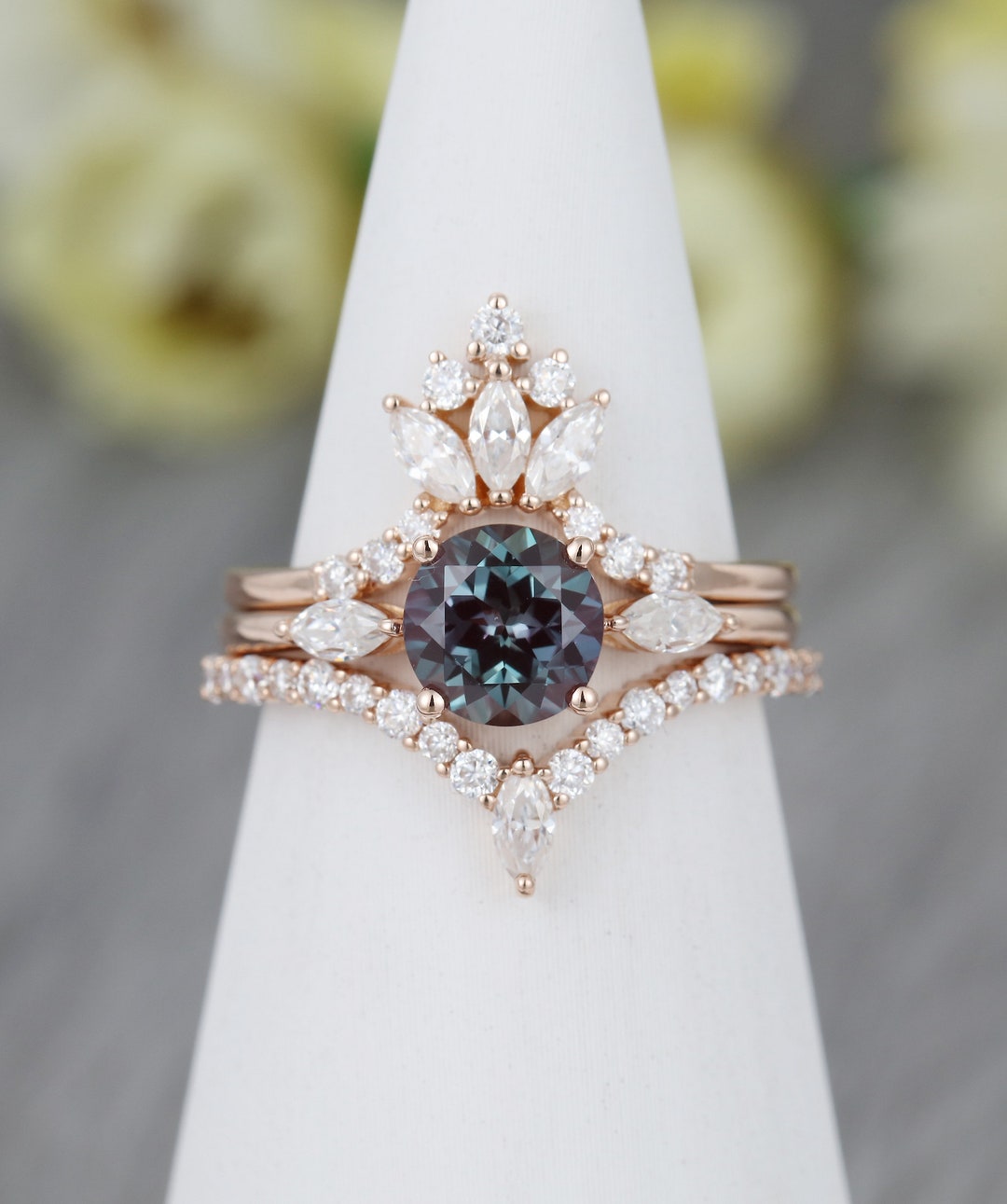 3pcs Alexandrite Engagement Ring Set Vintage Unique Rose Gold ...