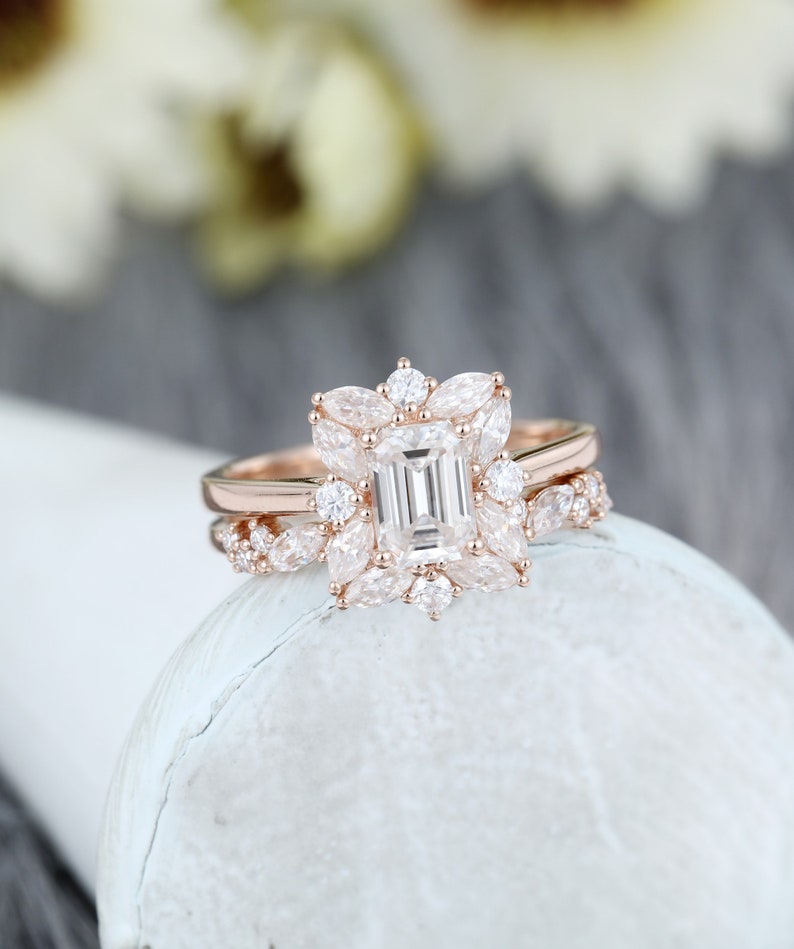 Emerald cut Moissanite engagement ring set rose gold Unique | Etsy