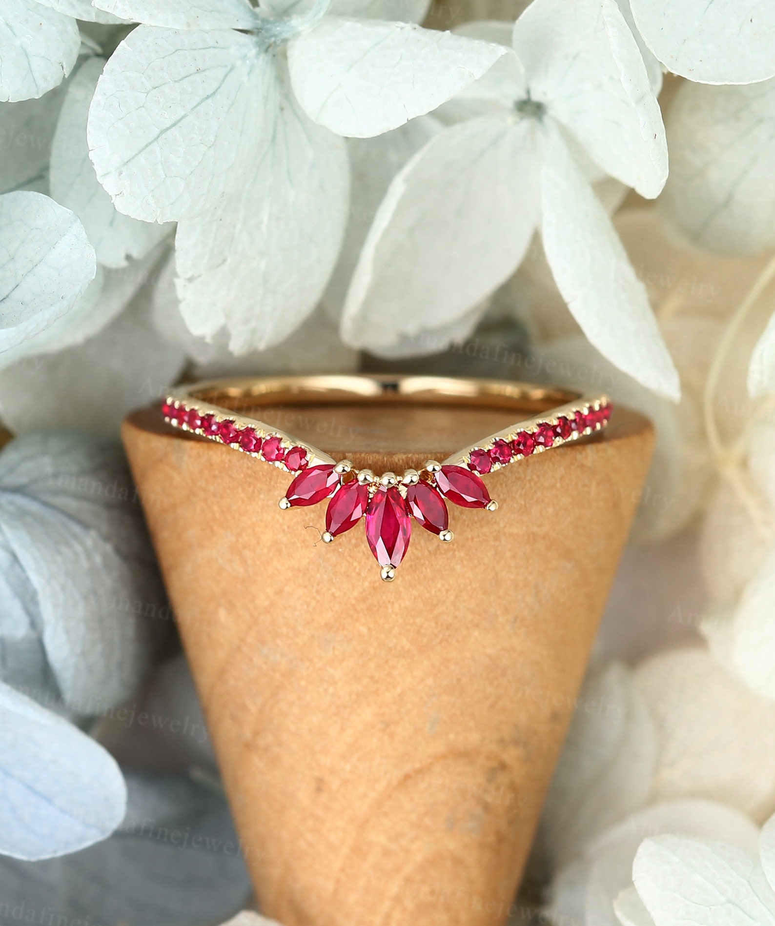 Marquise Cut Ruby Wedding Band Vintage Yellow Gold Curved Wedding Band ...