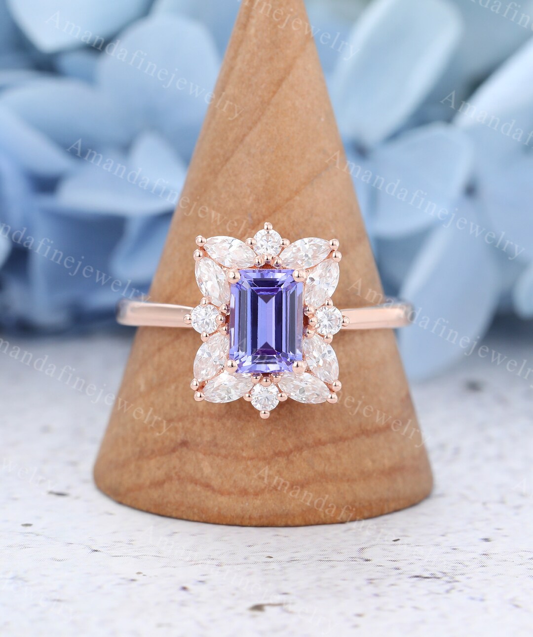 Emerald Cut Tanzanite Engagement Ring Vintage Rose Gold Moissanite Ring ...