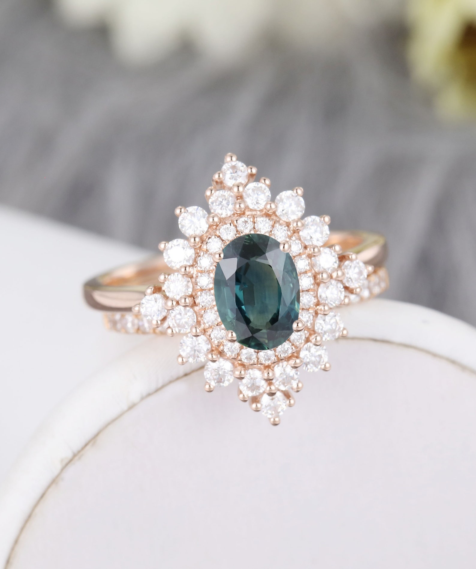 Blue Green Sapphire Engagement Ring Set Vintage 14k Gold | Etsy