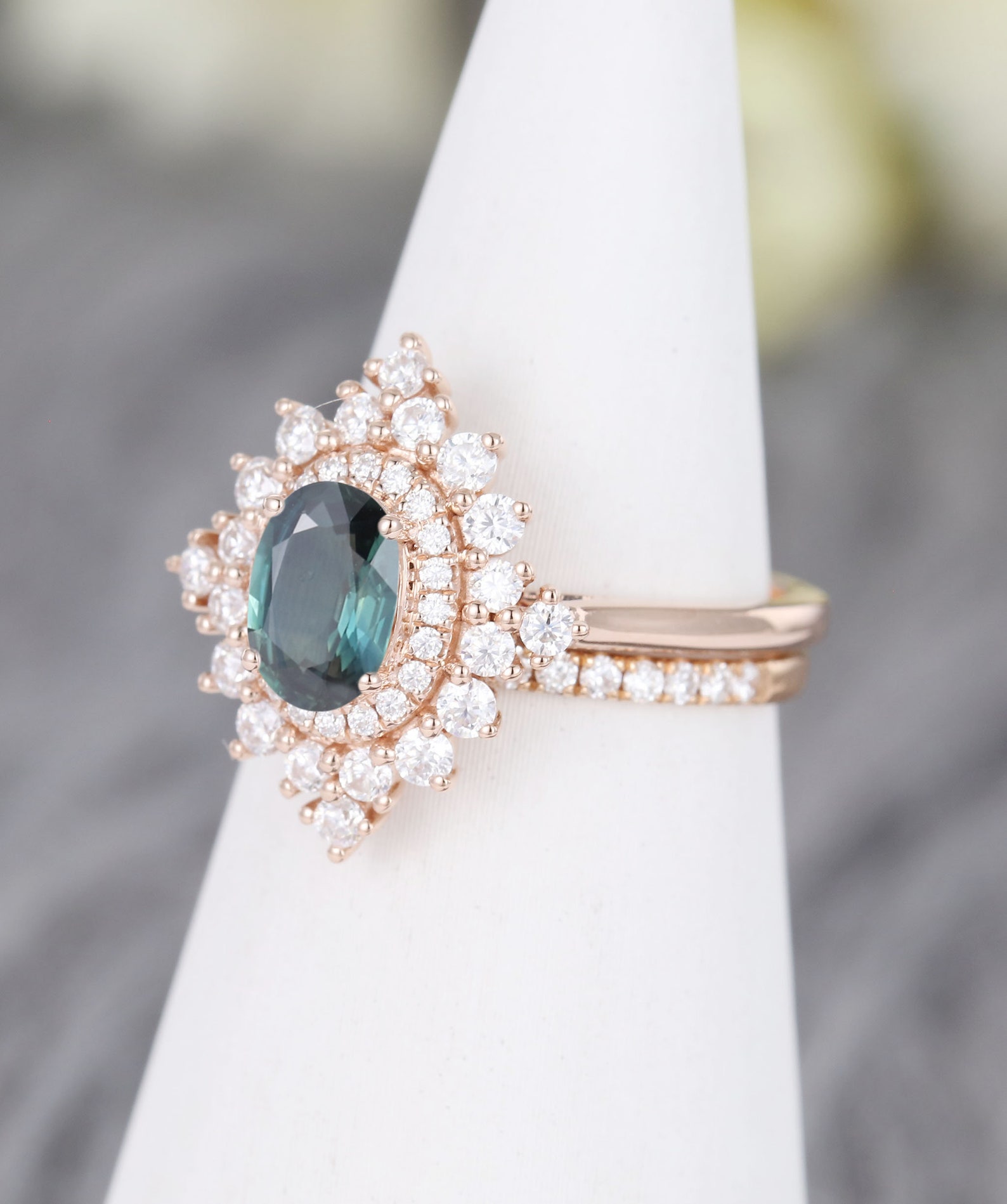 Blue Green Sapphire Engagement Ring Set Vintage 14k Gold Unique Flower ...
