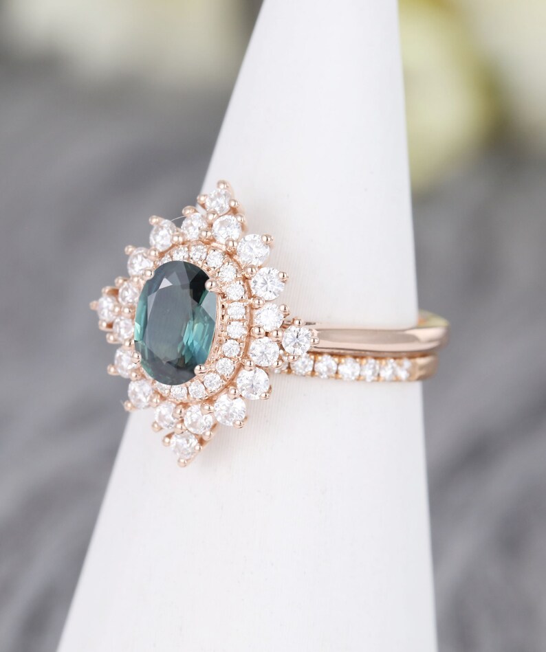 Blue Green Sapphire Engagement Ring Set Vintage 14k Gold Unique Flower ...