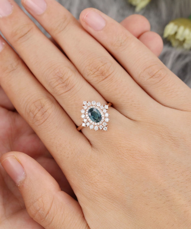 Blue Green Sapphire Engagement Ring Set Vintage 14k Gold - Etsy