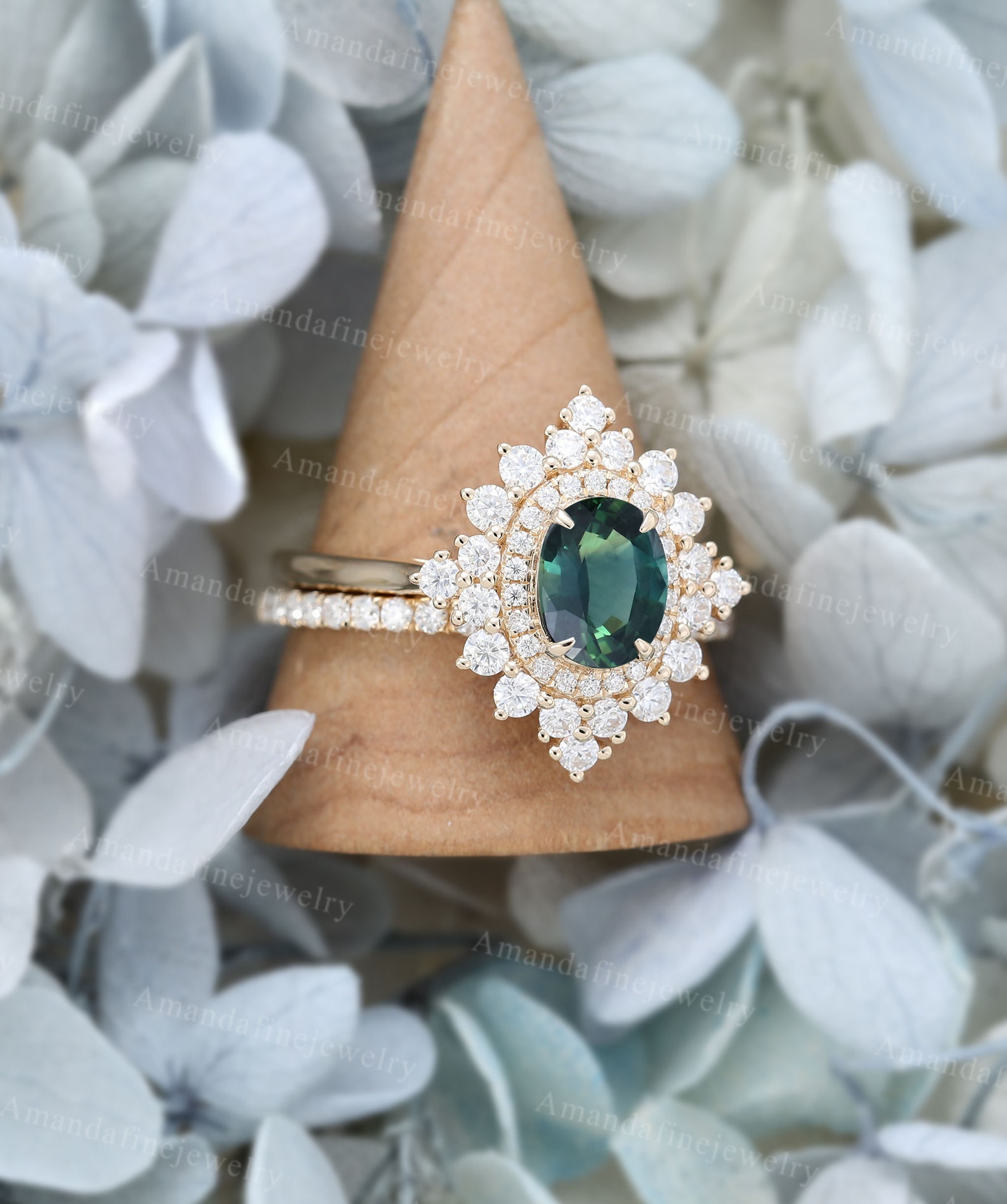Blue Green Sapphire Engagement Ring Set Vintage 14k Gold Unique Flower ...