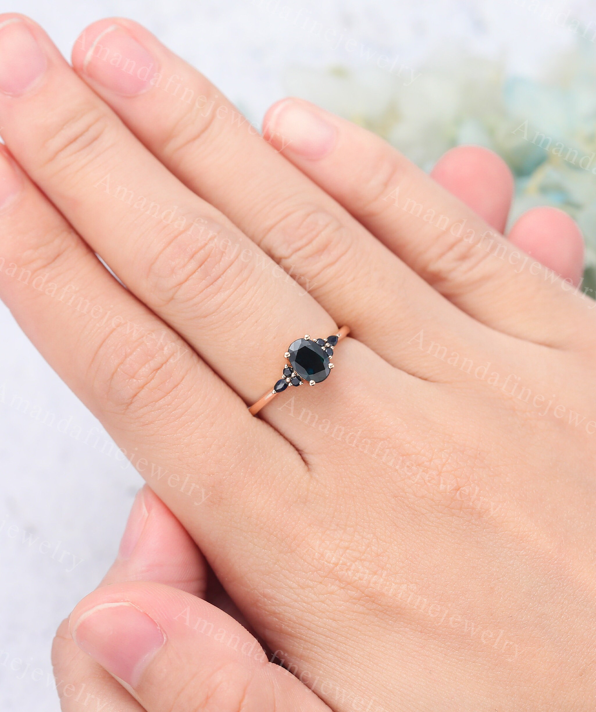Oval Black Sapphire Engagement Ring Unique Rose Gold Engagement Ring ...