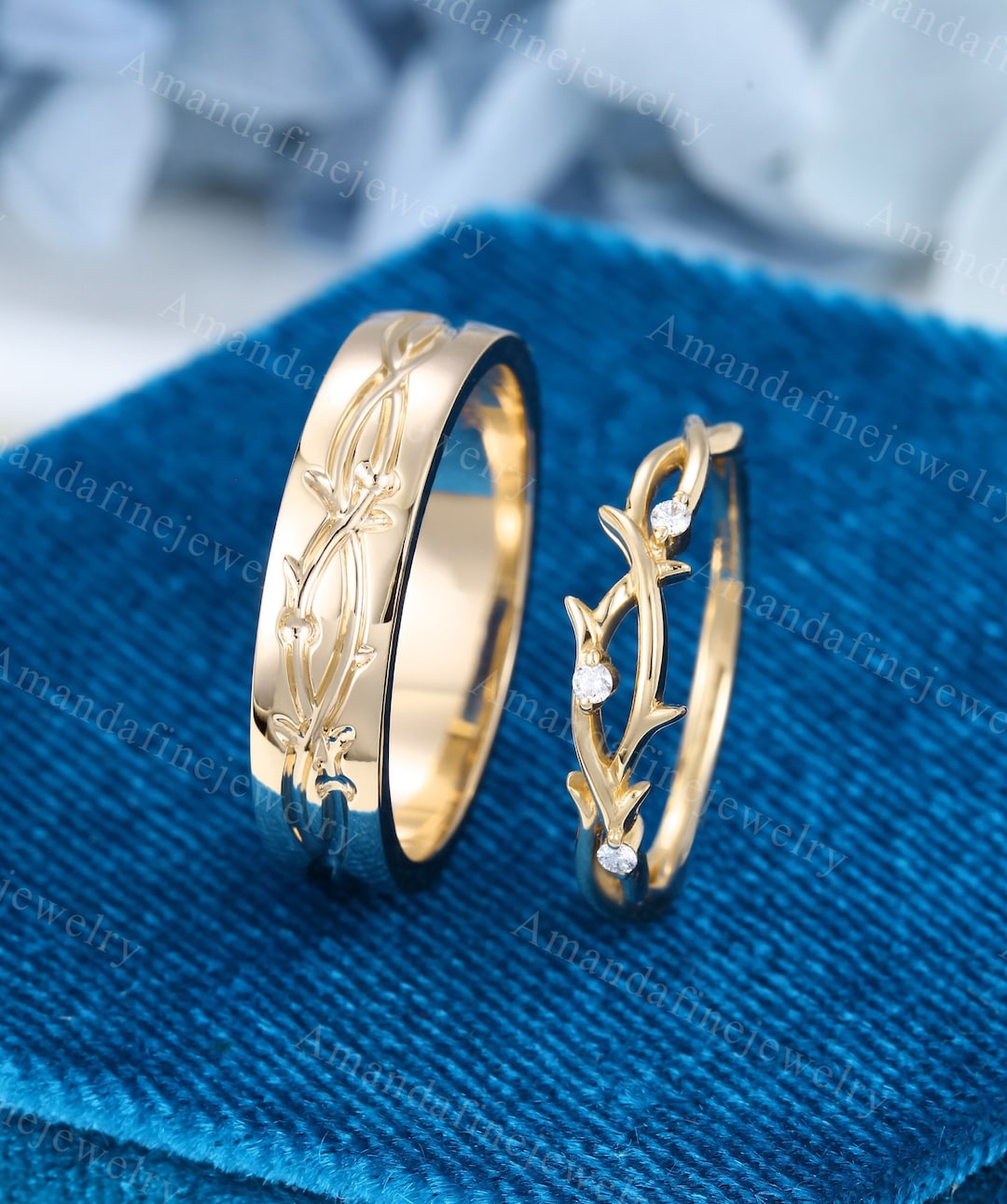 Couples Ring Set Solid Yellow Gold Wedding Rings Set Twig Ring for Men ...