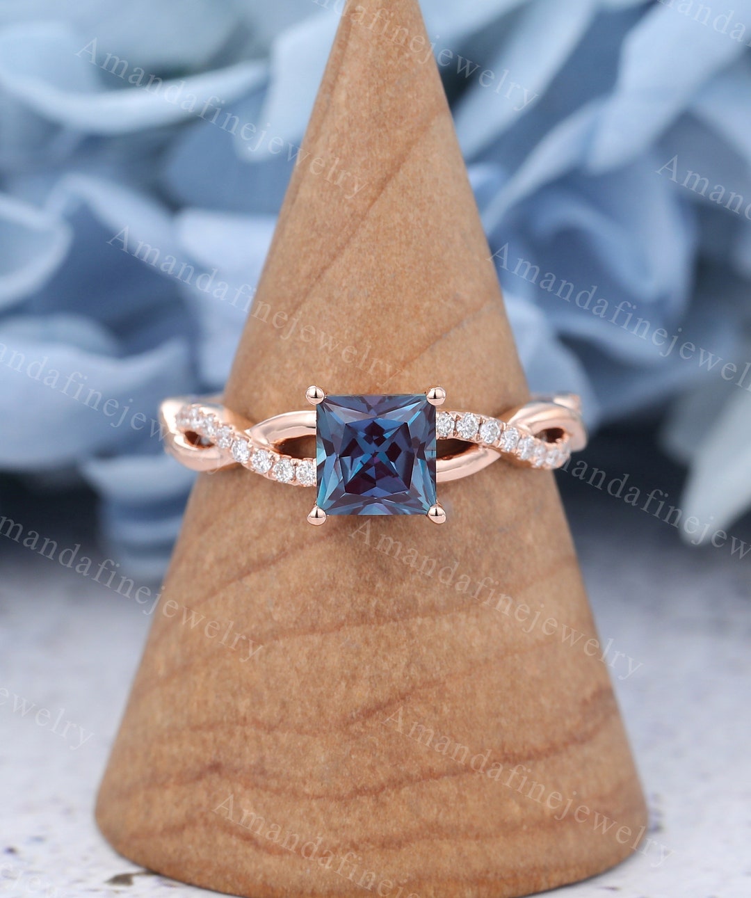 Princess Cut Alexandrite Engagement Ring Rose Gold Moissanite Half ...
