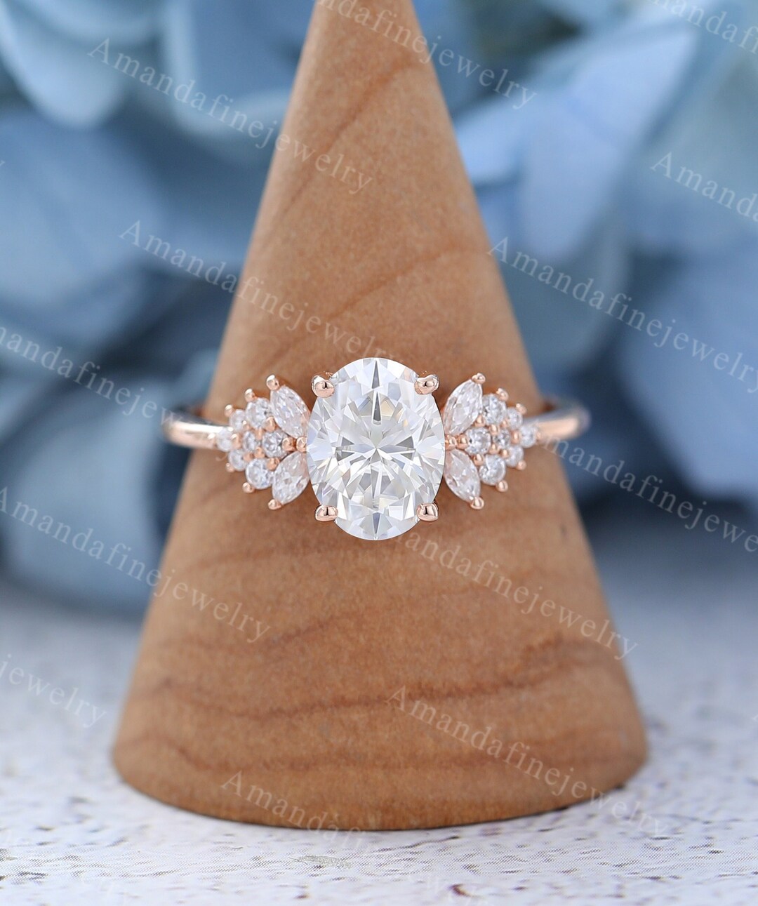 Unique Oval Moissanite Engagement Ring Vintage Rose Gold Prong Set Ring ...