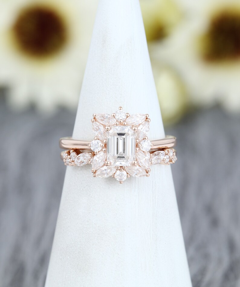 Emerald cut Moissanite engagement ring set rose gold Unique | Etsy